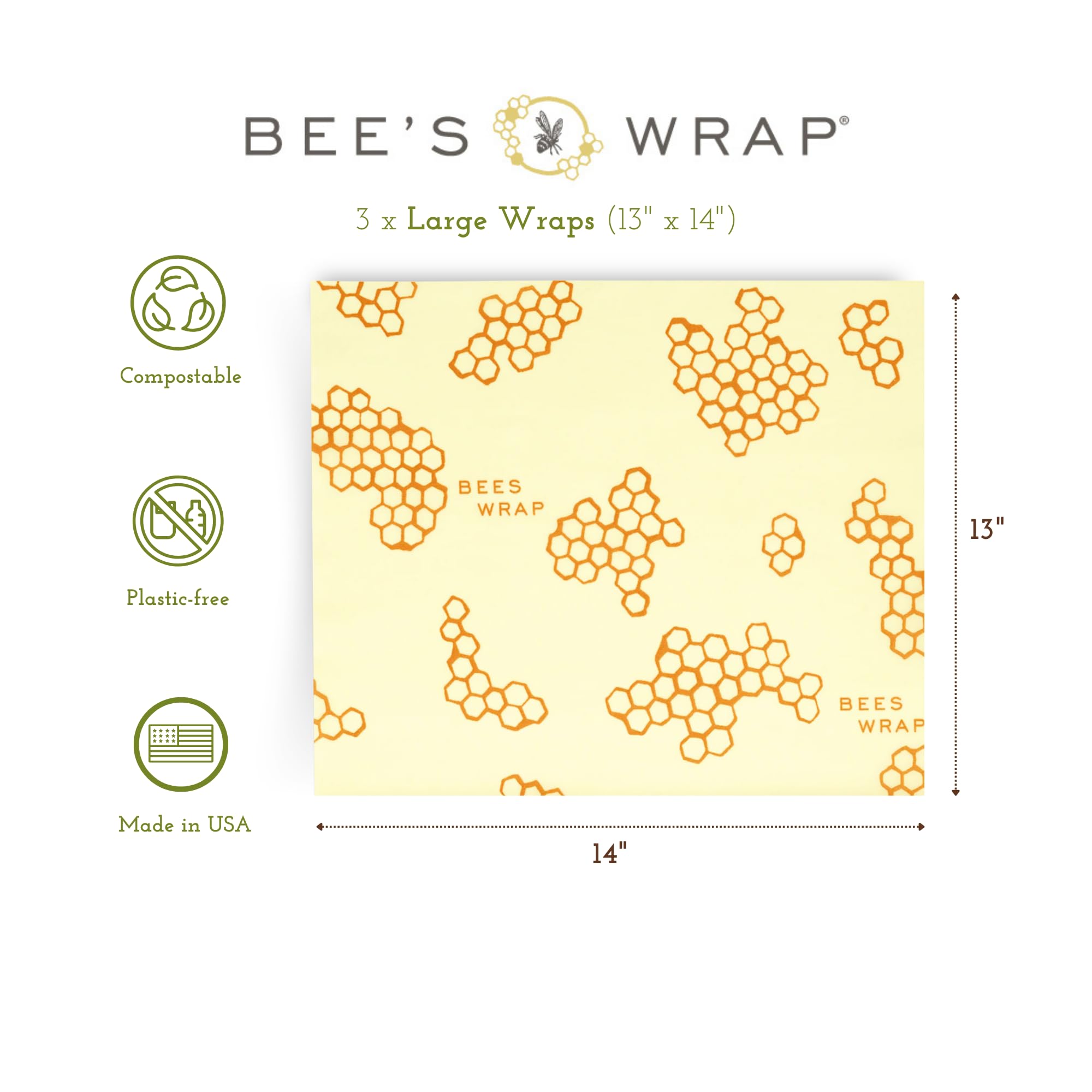 Bee's Wrap Reusable Beeswax Food Wraps Made in the USA, Eco Friendly Beeswax Wraps for Food, Sustainable Food Storage Containers, Organic Cotton Food Wraps, 3 Pack of Large Wraps, Honeycomb Pattern