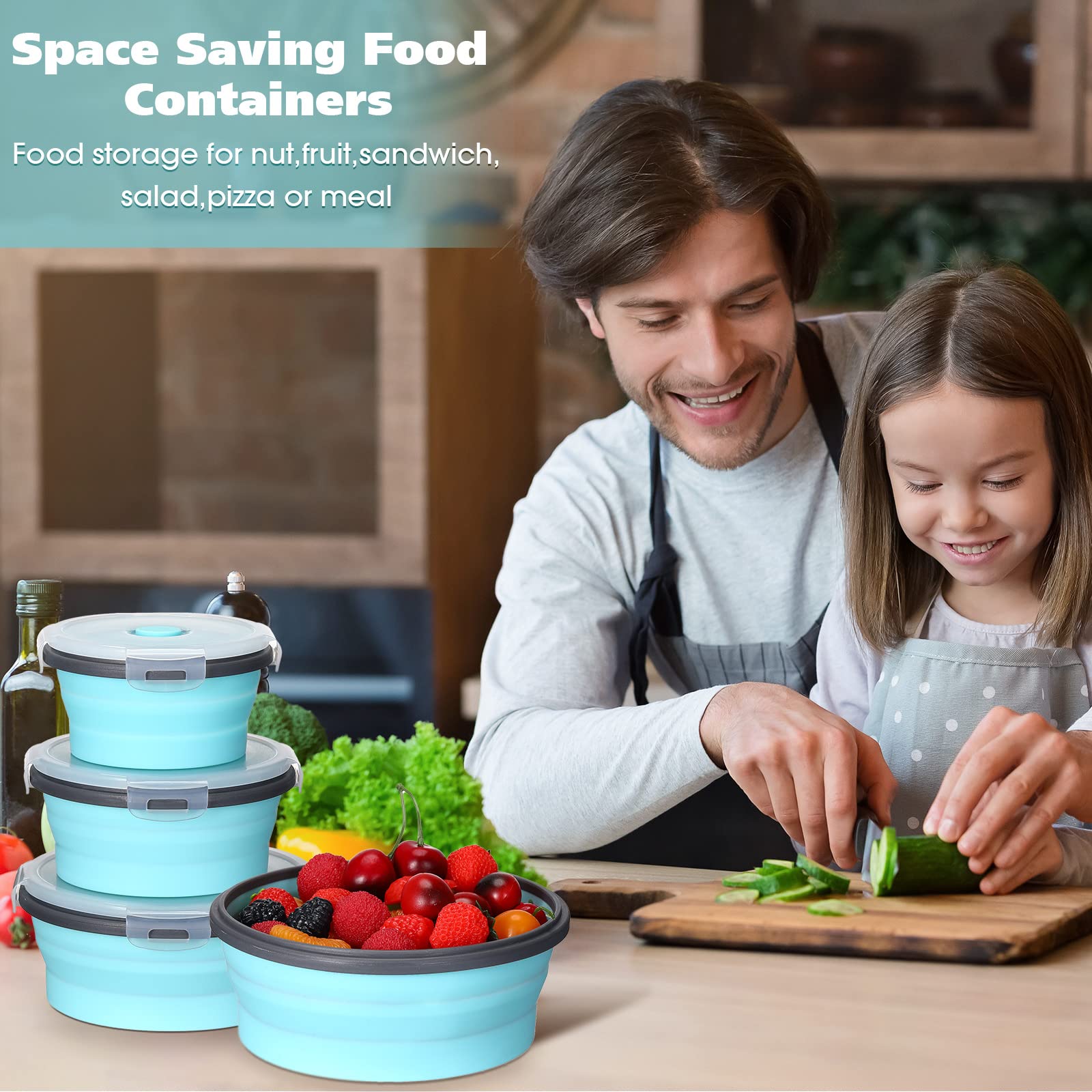 8 Pieces Collapsible Food Storage Containers Foldable Silicone Lunch Containers with Lids, 4 Pcs Silicone Rectangle Collapsible Bowls and 4 Pcs Round Food Bowls, Microwave Freezer and Dishwasher Safe