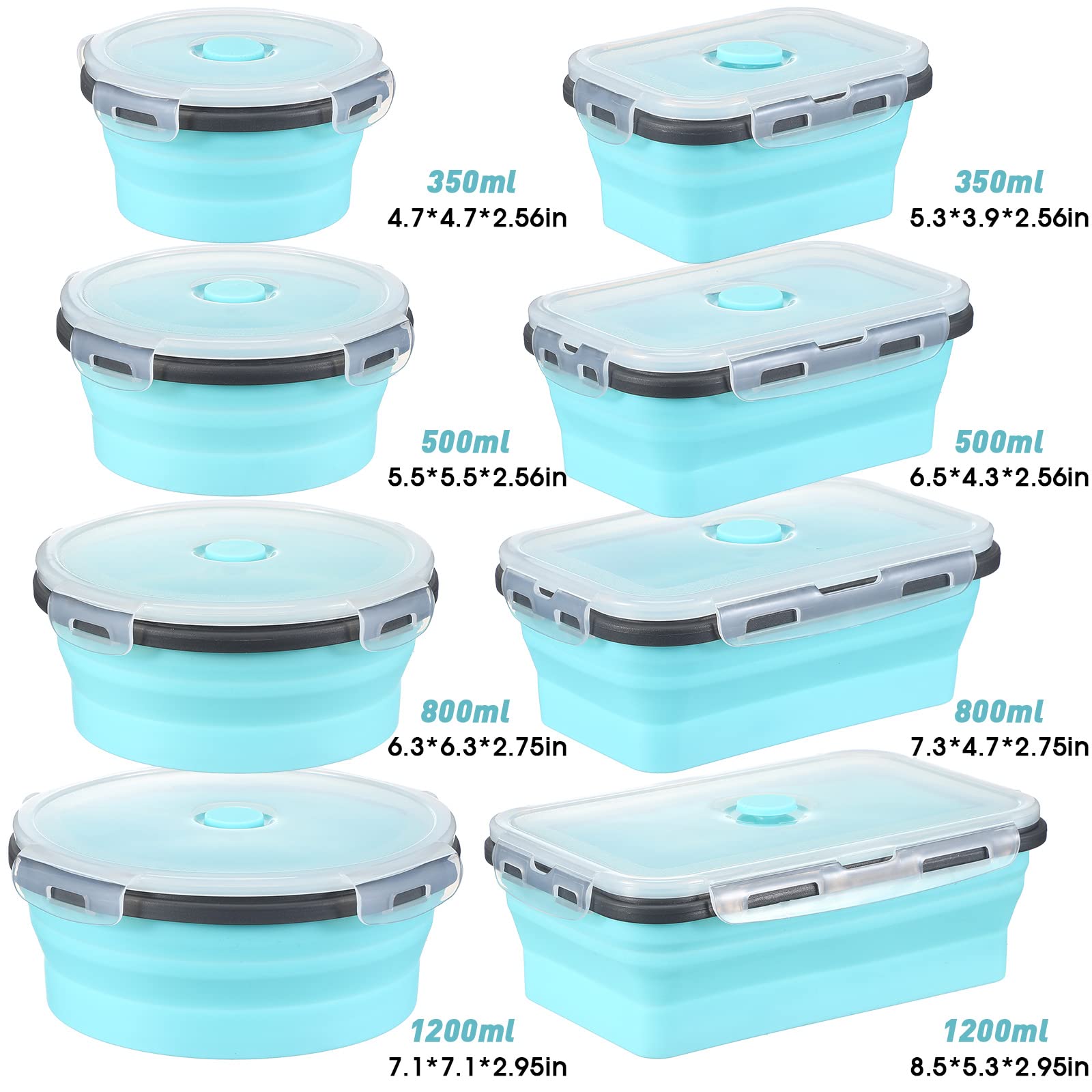 8 Pieces Collapsible Food Storage Containers Foldable Silicone Lunch Containers with Lids, 4 Pcs Silicone Rectangle Collapsible Bowls and 4 Pcs Round Food Bowls, Microwave Freezer and Dishwasher Safe