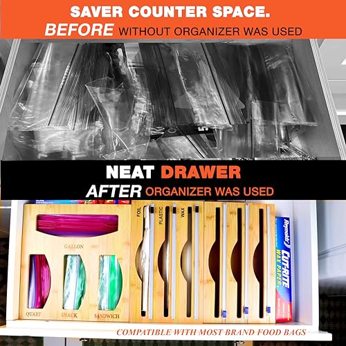 Mr Carib Chef Foil and Plastic Wrap Organizer, bamboo storage bag organizer for kitchen drawer, sandwich snack quart freezer bag organizer, baggie for kitchen plastic bag storage