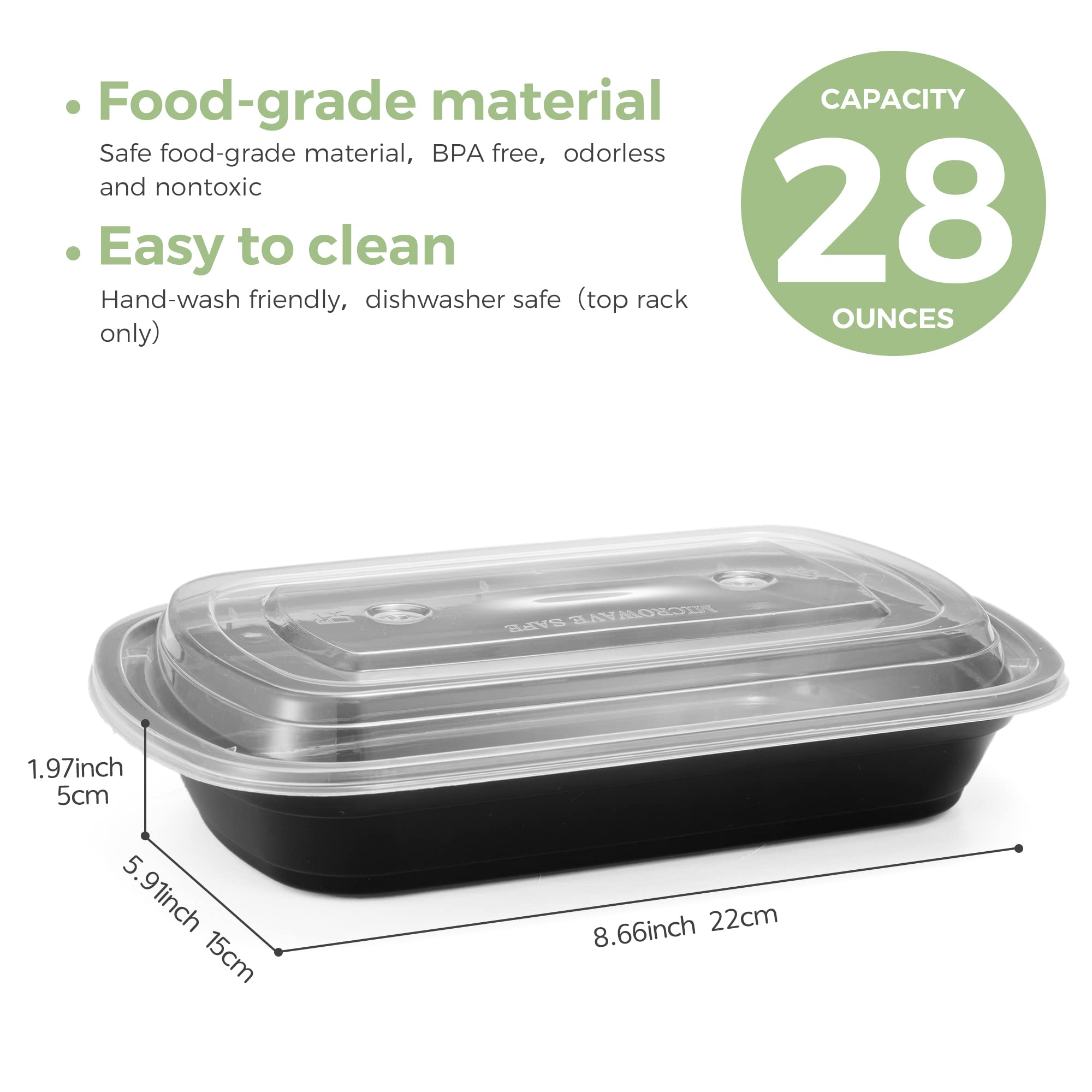 Glotoch Meal Prep Container, 50 Pack 28OZ 1 To Go Containers, Black Plastic Containers With Lids For Storage-Microwave&Freezer&Dishwasher Safe, BPA-Free, Durable&Stackable