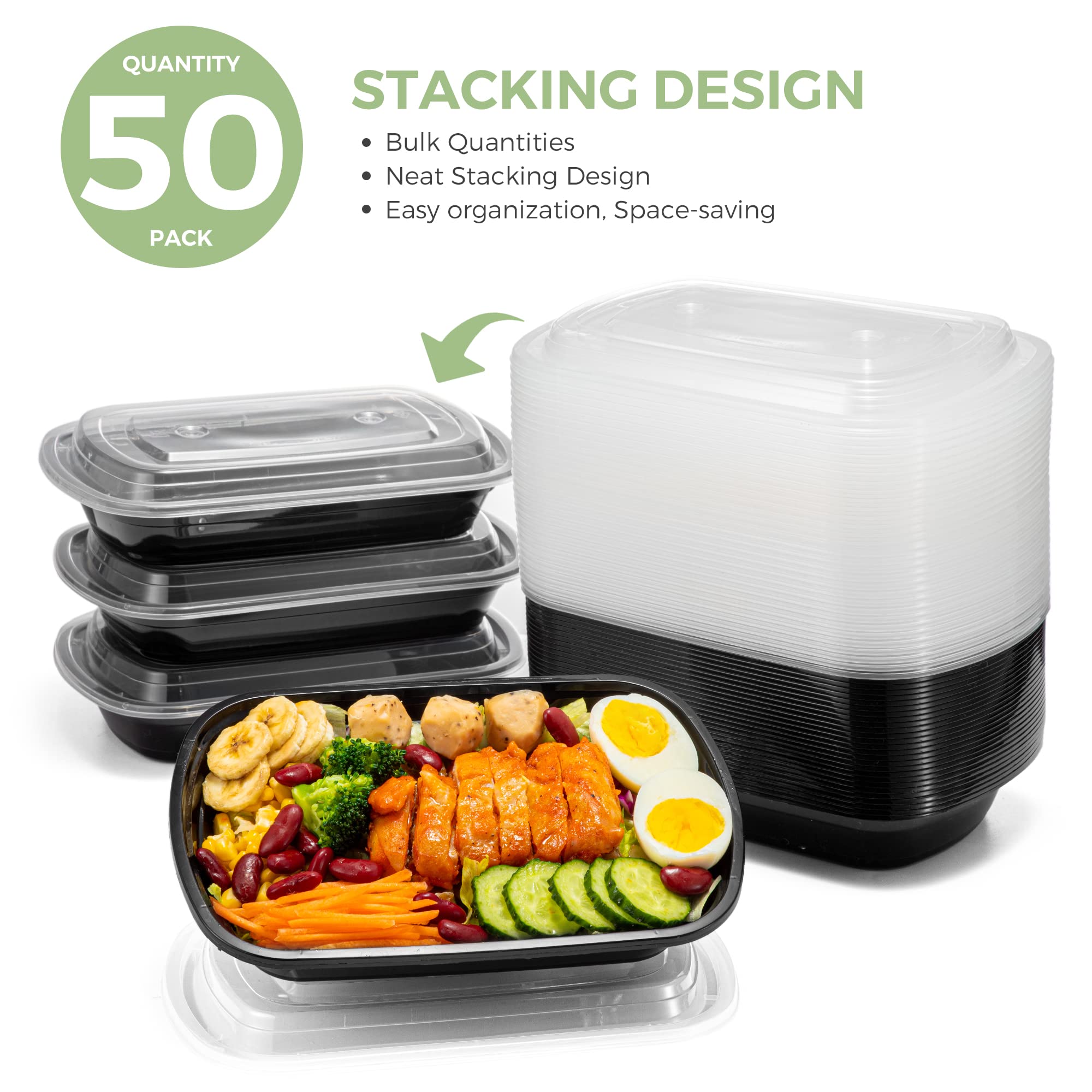 Glotoch Meal Prep Container, 50 Pack 28OZ 1 To Go Containers, Black Plastic Containers With Lids For Storage-Microwave&Freezer&Dishwasher Safe, BPA-Free, Durable&Stackable