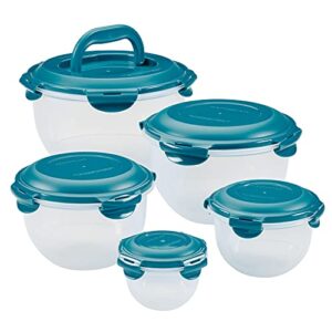 rachael ray leak-proof nestable container food storage bin set, 10-piece, clear with teal lids