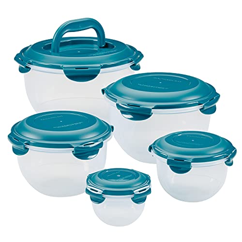 Rachael Ray Leak-Proof Nestable Container Food Storage Bin Set, 10-Piece, Clear with Teal Lids