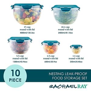 Rachael Ray Leak-Proof Nestable Container Food Storage Bin Set, 10-Piece, Clear with Teal Lids