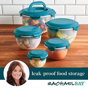 Rachael Ray Leak-Proof Nestable Container Food Storage Bin Set, 10-Piece, Clear with Teal Lids