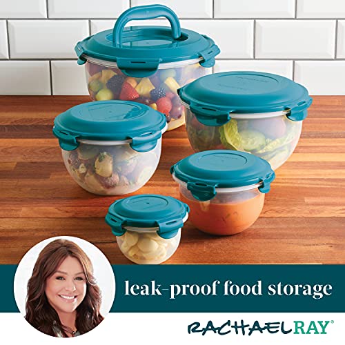 Rachael Ray Leak-Proof Nestable Container Food Storage Bin Set, 10-Piece, Clear with Teal Lids