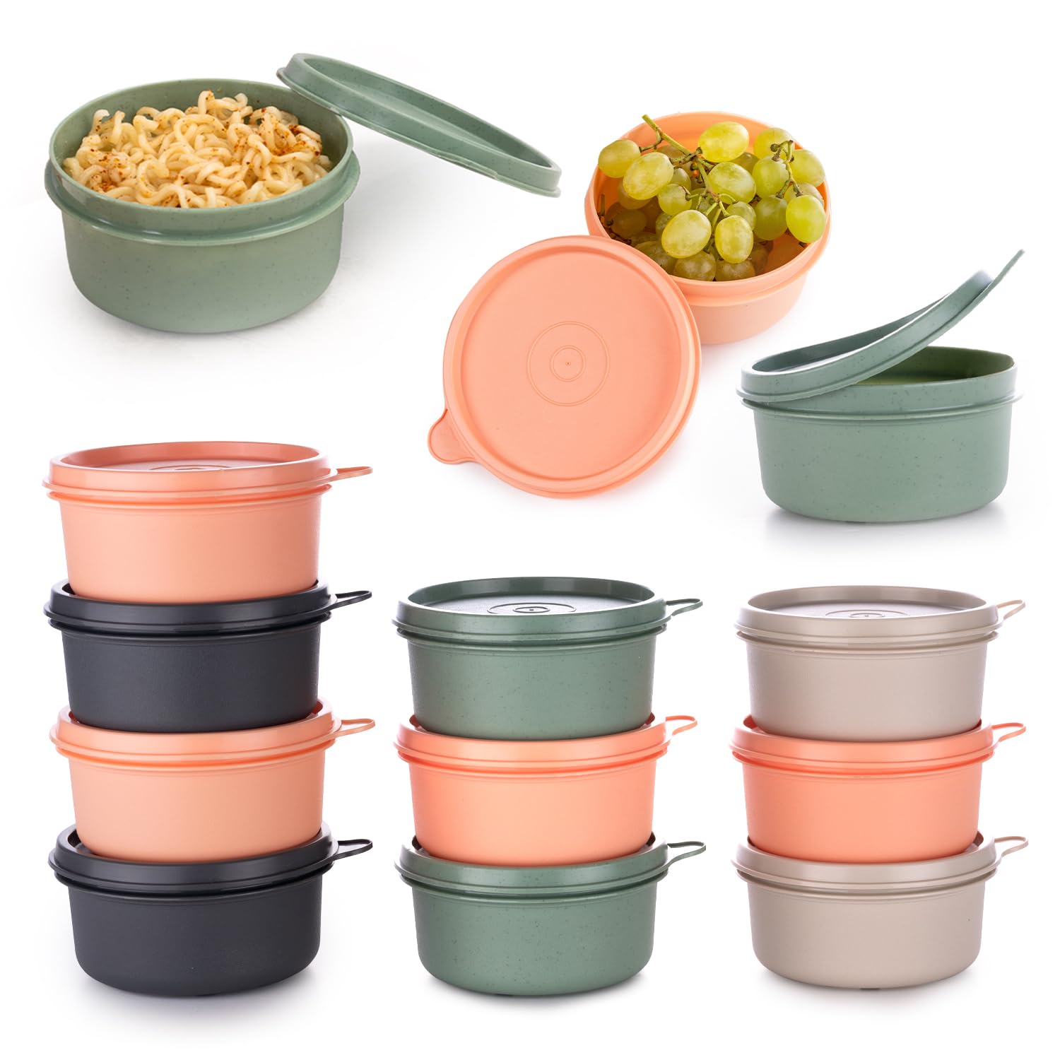 EYNEL Set of 12 Small Round 9 oz Deli Containers with Lids, Airtight Leakproof Reusable Food Storage, Plastic To Go Bento Box, Mini Lunch Box, Snack Storage Bowl, for Kitchen, Picnic (12)