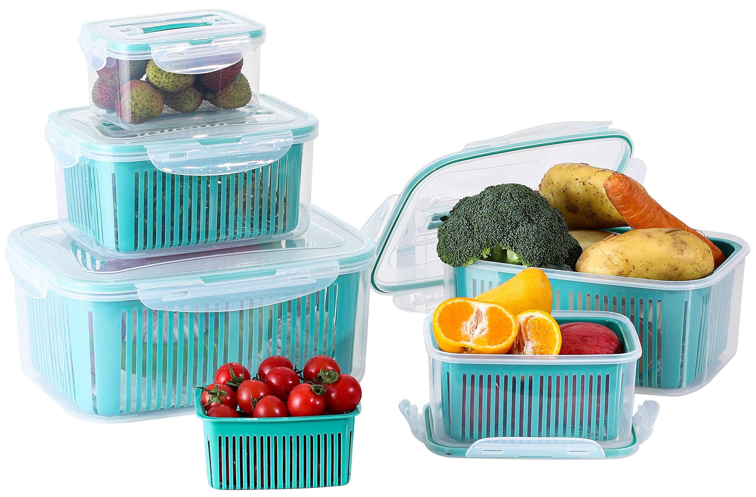 PENGKE Fruit Storage Containers for Fridge 5 Pack Plastic Fresh Produce Saver Refrigerator Organizer with Lids and Drain Colanders for Salad Berry Vegetables Meat Storage