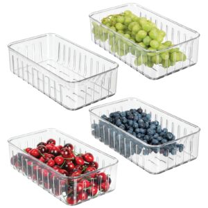 mdesign plastic kitchen refrigerator produce storage organizer bin with open vents for air circulation - food container for fruit, vegetables, lettuce, cheese, fresh herbs, snacks - s, 4 pack - clear