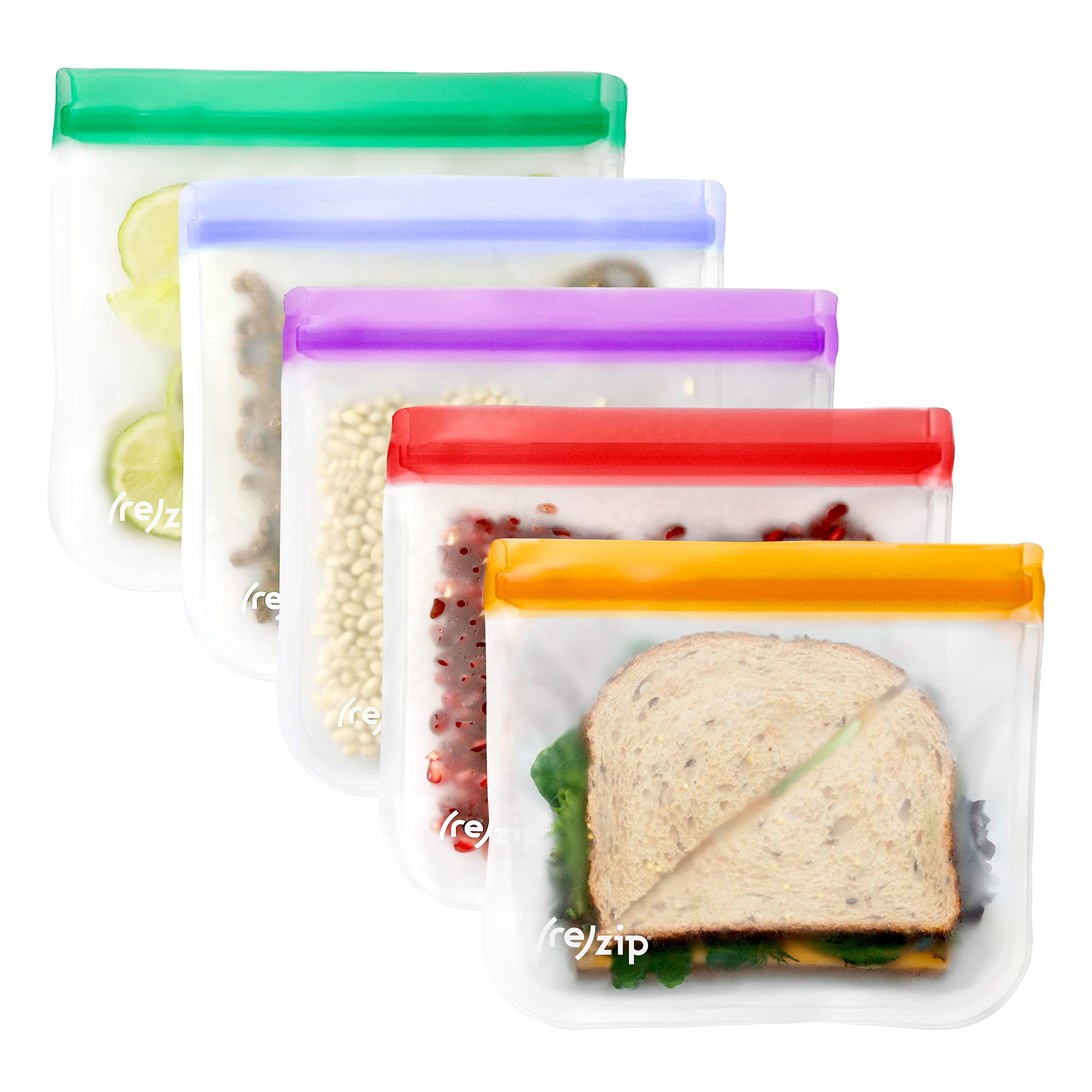 rezip 5-pack Flat Lunch Reusable BPA-Free Food Grade Storage Bag, Leakproof, Freezer Safe, Dishwasher Safe, Travel Friendly, (5) Lunch/Sandwich Bags (3.5-Cup/28-Ounce), (Multicolor - Jewel Tones)