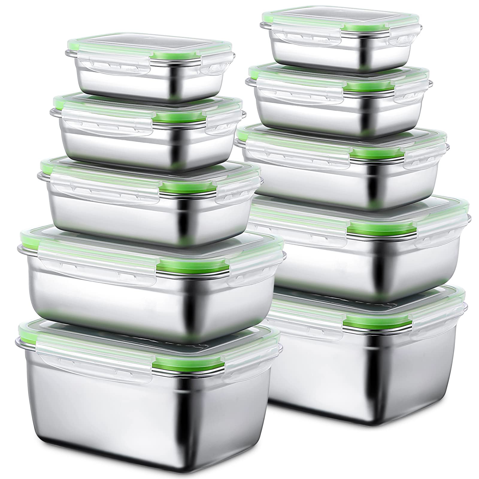 Nuanchu 10 Pcs Stainless Steel Food Storage Containers with Lids Metal Meal Prep Containers Rectangular Bento Lunch Box Set Leak Proof Airtight for Adults Dishwasher Microwave Refrigerator (Green)