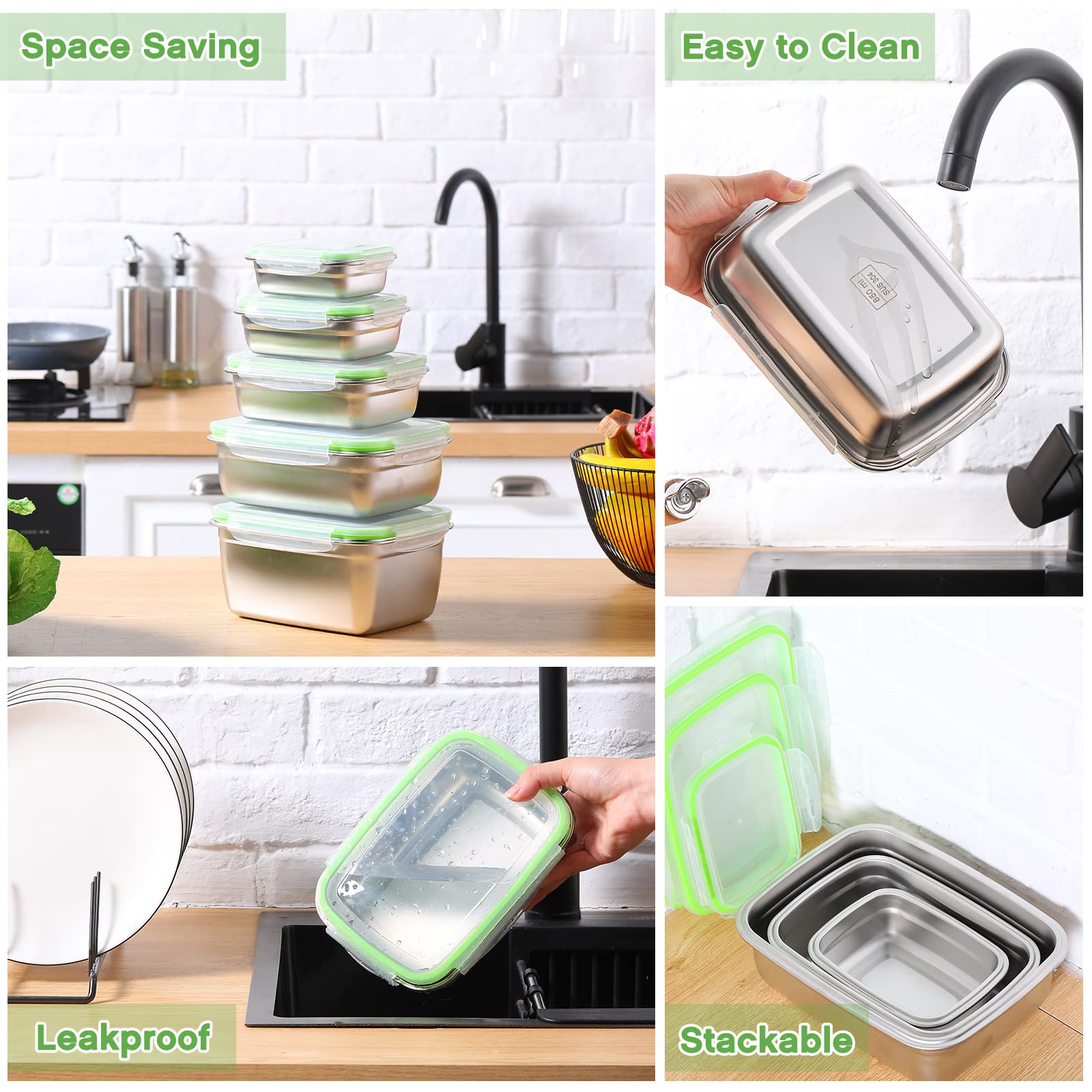 Nuanchu 10 Pcs Stainless Steel Food Storage Containers with Lids Metal Meal Prep Containers Rectangular Bento Lunch Box Set Leak Proof Airtight for Adults Dishwasher Microwave Refrigerator (Green)