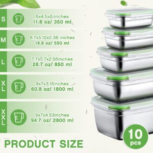 Nuanchu 10 Pcs Stainless Steel Food Storage Containers with Lids Metal Meal Prep Containers Rectangular Bento Lunch Box Set Leak Proof Airtight for Adults Dishwasher Microwave Refrigerator (Green)