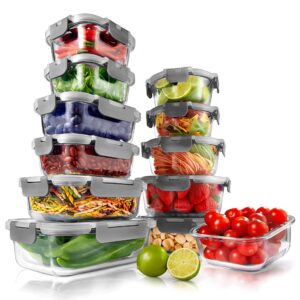 nutrichef 24-piece glass food storage containers - stackable superior glass meal-prep containers w/newly innovated hinged bpa-free 100% leakproof locking lids - freezer-to-oven-safe ncglgy.5 (gray)