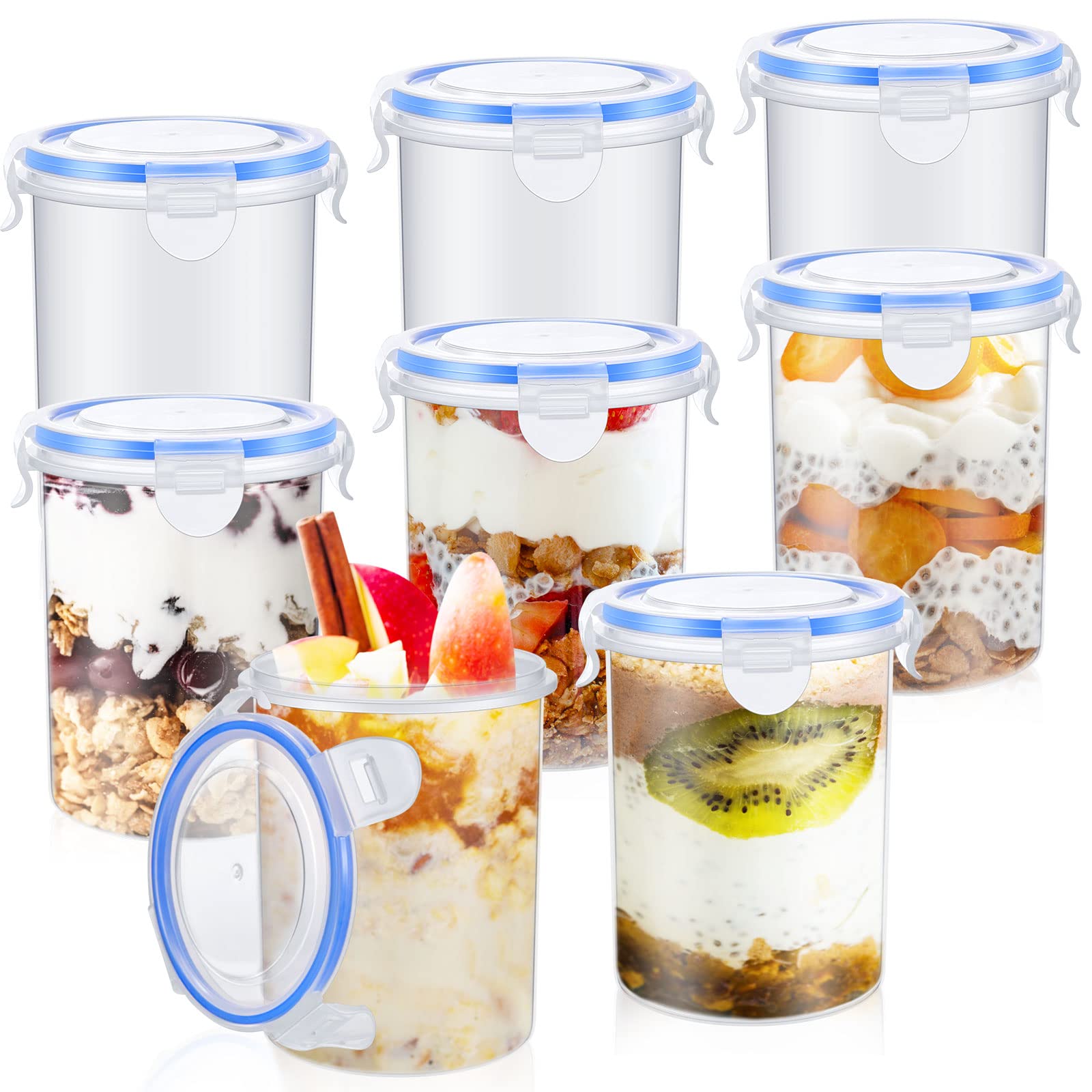 Tessco 8 Pieces Overnight Oats Containers with Lids 16 oz Round Airtight Oatmeal Container Plastic Leakproof Mason Jars for Overnight Oats with Locking Lid Cereal Milk Oatmeal Storage (Blue)