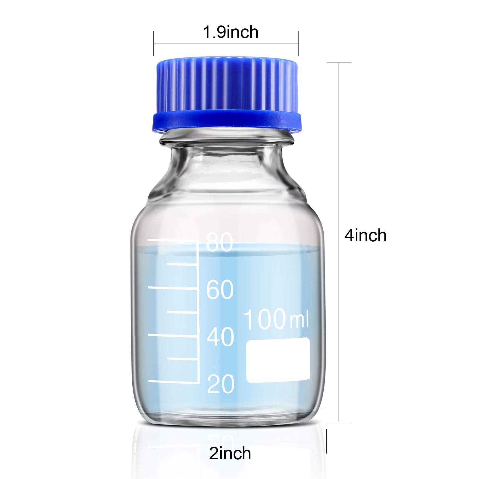 Patelai 4 Pieces Round Media Storage Bottles Storage Glass Bottles Borosilicate Media Glass Bottles with GL45 Blue Screw Cap for Lab Water Reagent Liquids (100 ml)