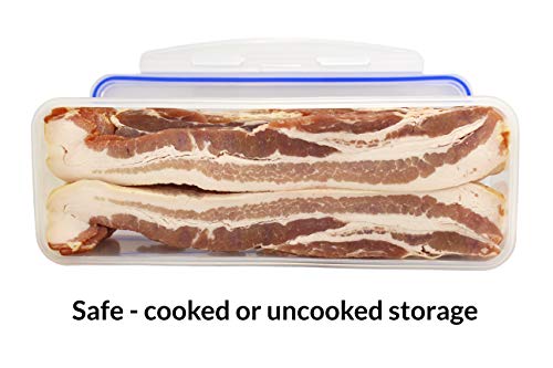 Plastic Storage Container for 2lbs Cooked or Uncooked Bacon, Meat, Food - Fresh Seal - Refrigerator, Freezer, Dishwasher, and Microwave Safe. Food Grade BPA Free