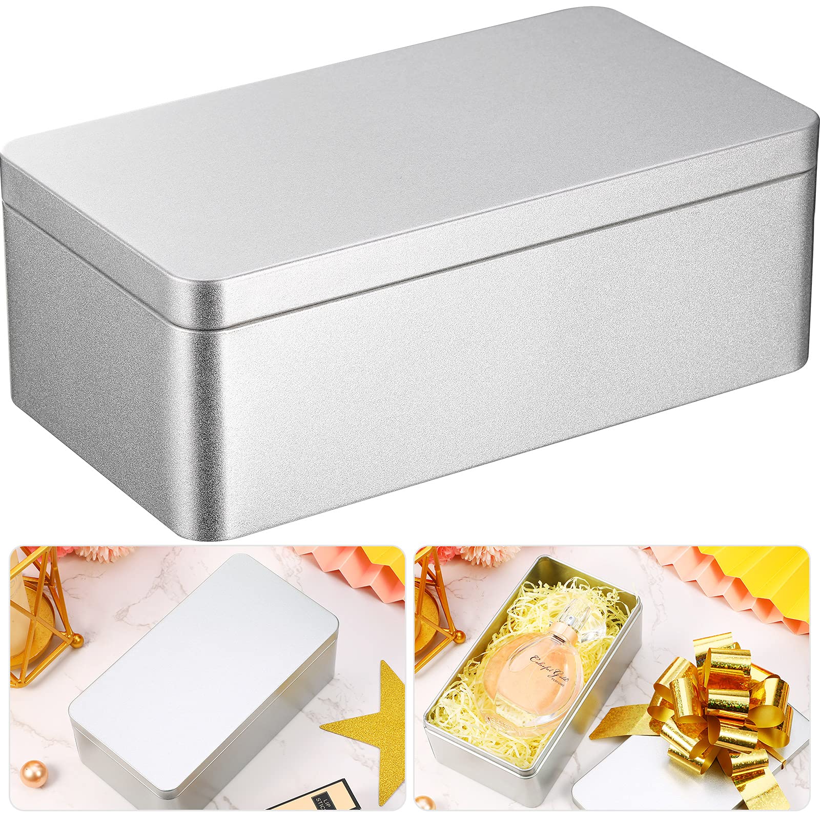 Hotop Silver Rectangular Empty Tin Box Containers, Gift, Jewelery and Storage Tin Kit, Home Organizer (7 x 3.8 x 2.5 Inch)