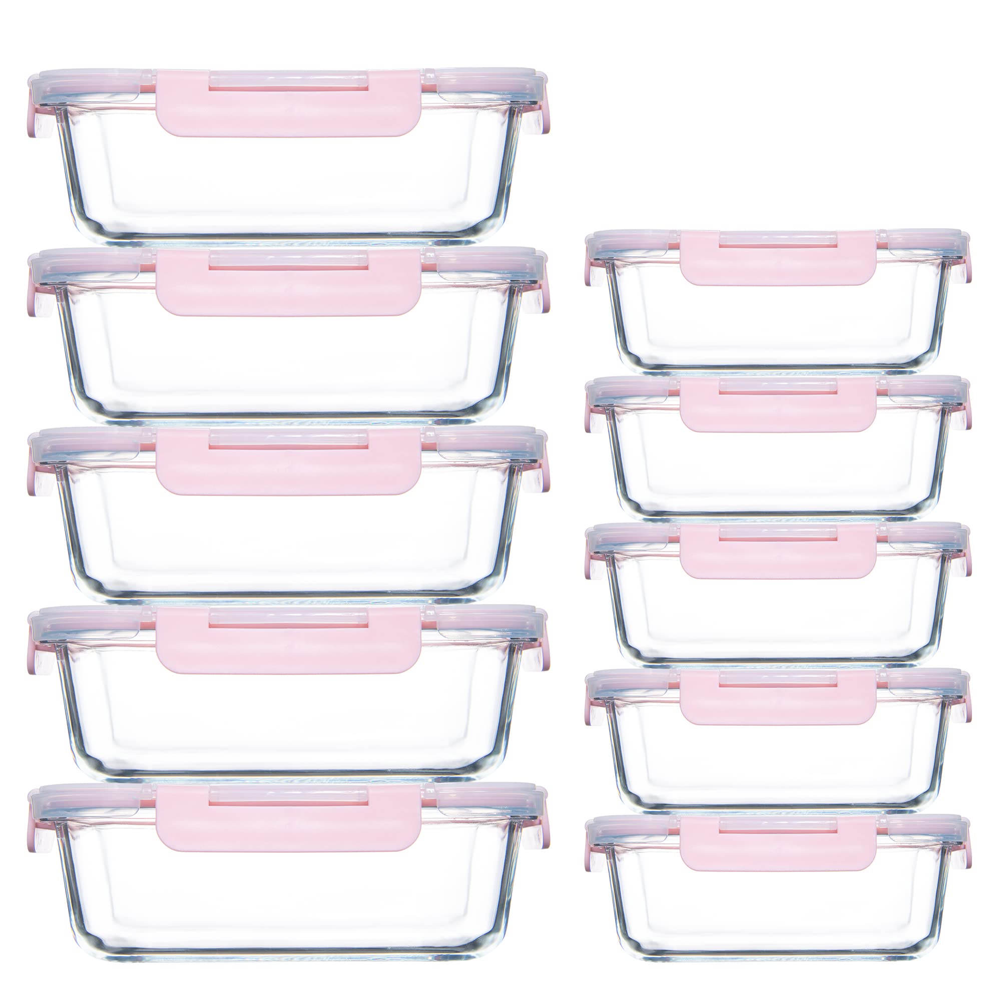 YANGNAY 10 Pack Glass Food Storage Containers with Airtight Lids, Leak-Proof Meal Prep Containers with Lids, Dishwasher/Microwave/Oven/Freezer Safe (Pink)