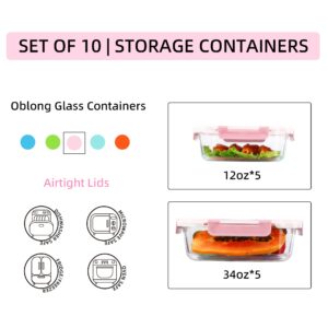 YANGNAY 10 Pack Glass Food Storage Containers with Airtight Lids, Leak-Proof Meal Prep Containers with Lids, Dishwasher/Microwave/Oven/Freezer Safe (Pink)