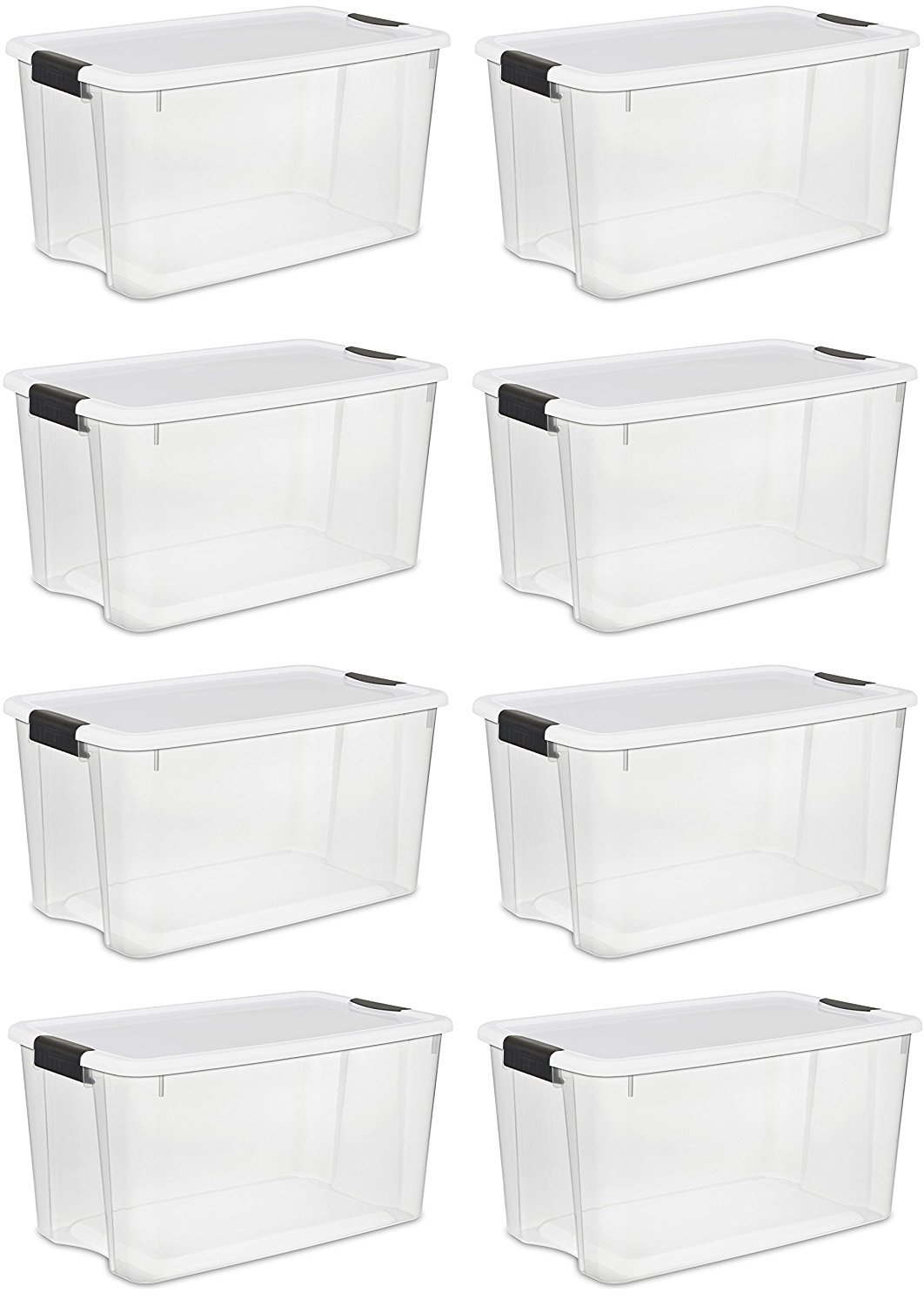 STERILITE 19889804 70 Quart/66 Liter Ultra Latch Box, Clear with a White Lid and Black Latches, 8-Pack