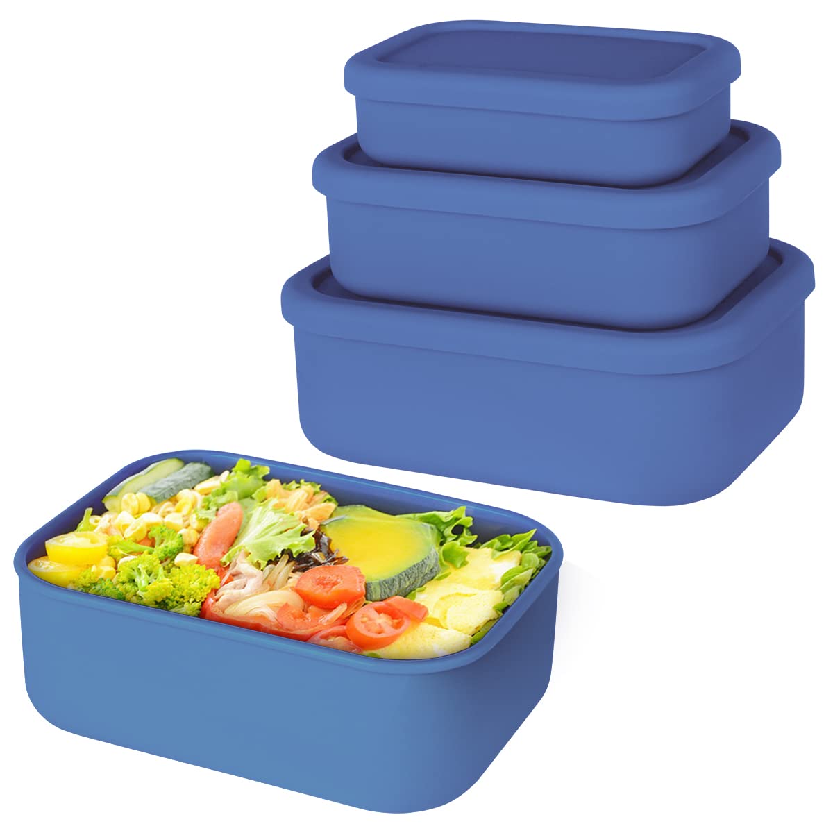 Keweis Silicone Food Storage Containers, Set of 3 Silicone Bento Lunch Box Containers with Lids, Hard-Shell Silicone, Airtight, Microwave, Dishwasher and Freezer Safe (10oz, 23.6oz, 44oz)