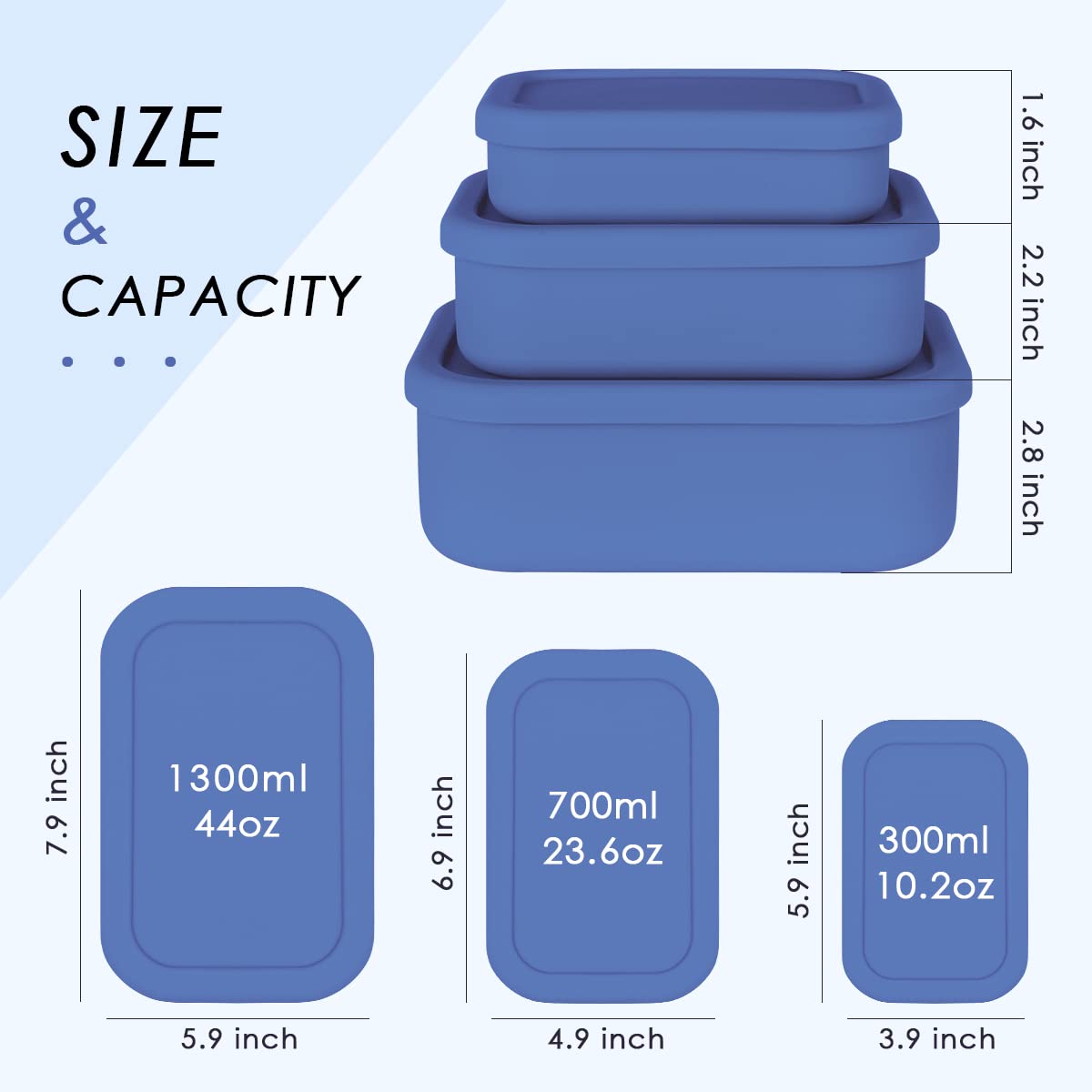 Keweis Silicone Food Storage Containers, Set of 3 Silicone Bento Lunch Box Containers with Lids, Hard-Shell Silicone, Airtight, Microwave, Dishwasher and Freezer Safe (10oz, 23.6oz, 44oz)