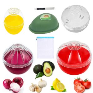 yamesu onion lemon garlic avocado tomato storage containers, reusable onion lemon garlic avocado tomato saver holder & potato bag for fridge to keep fresh 6 pieces sets with a brush