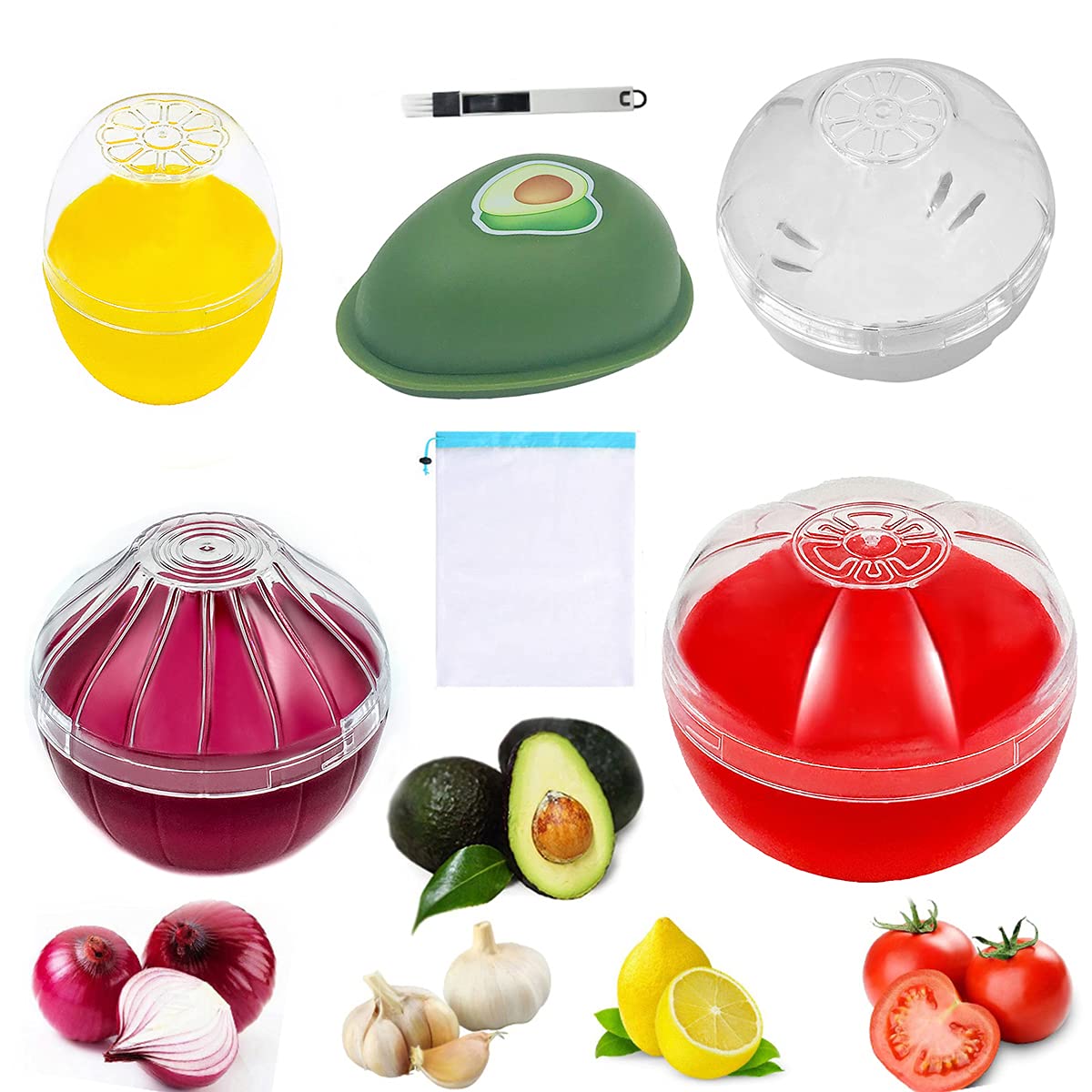 Yamesu Onion Lemon Garlic Avocado Tomato Storage Containers, Reusable Onion Lemon Garlic Avocado Tomato Saver Holder & Potato Bag for Fridge to Keep Fresh 6 Pieces Sets with a Brush