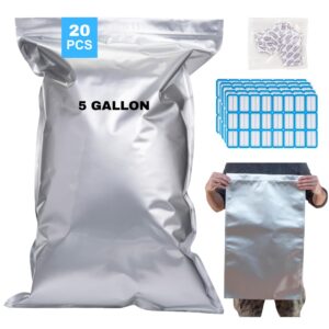 5 gallon mylar bags for food storage with ziplock -20pcs 14mil extra thick for long term storing, dry aging & heat vacuum seal, 17x26" large resealable myler bag, 2000cc oxygen absorbers & labels pack