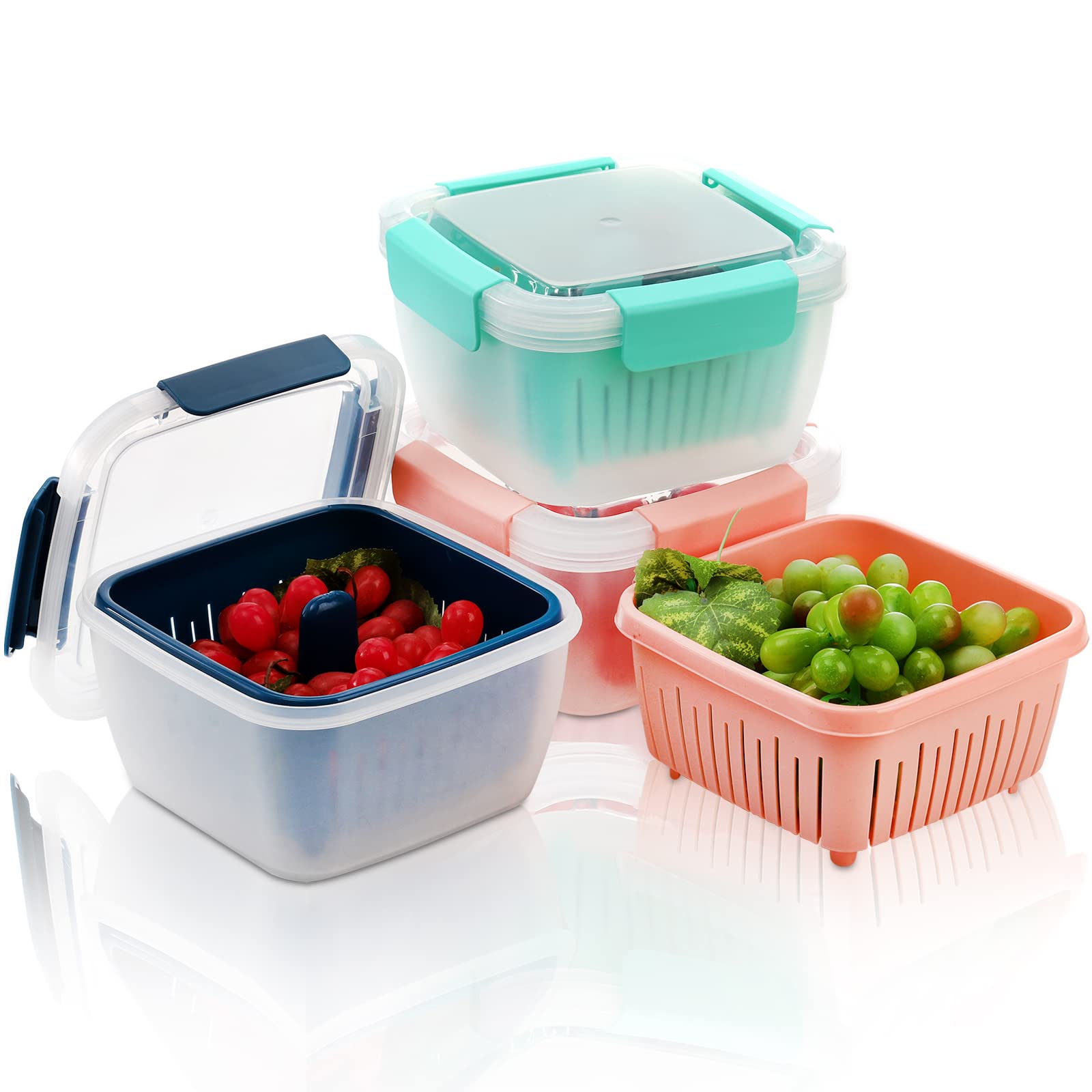 Frcctre 3 Pack 50oz Berry Keeper Box Container Fruit Storage Containers for Fridge, Produce Saver Food Storage Containers with Lid and and Removable Drain Basket (1.5L - Blue, Pink, Green)