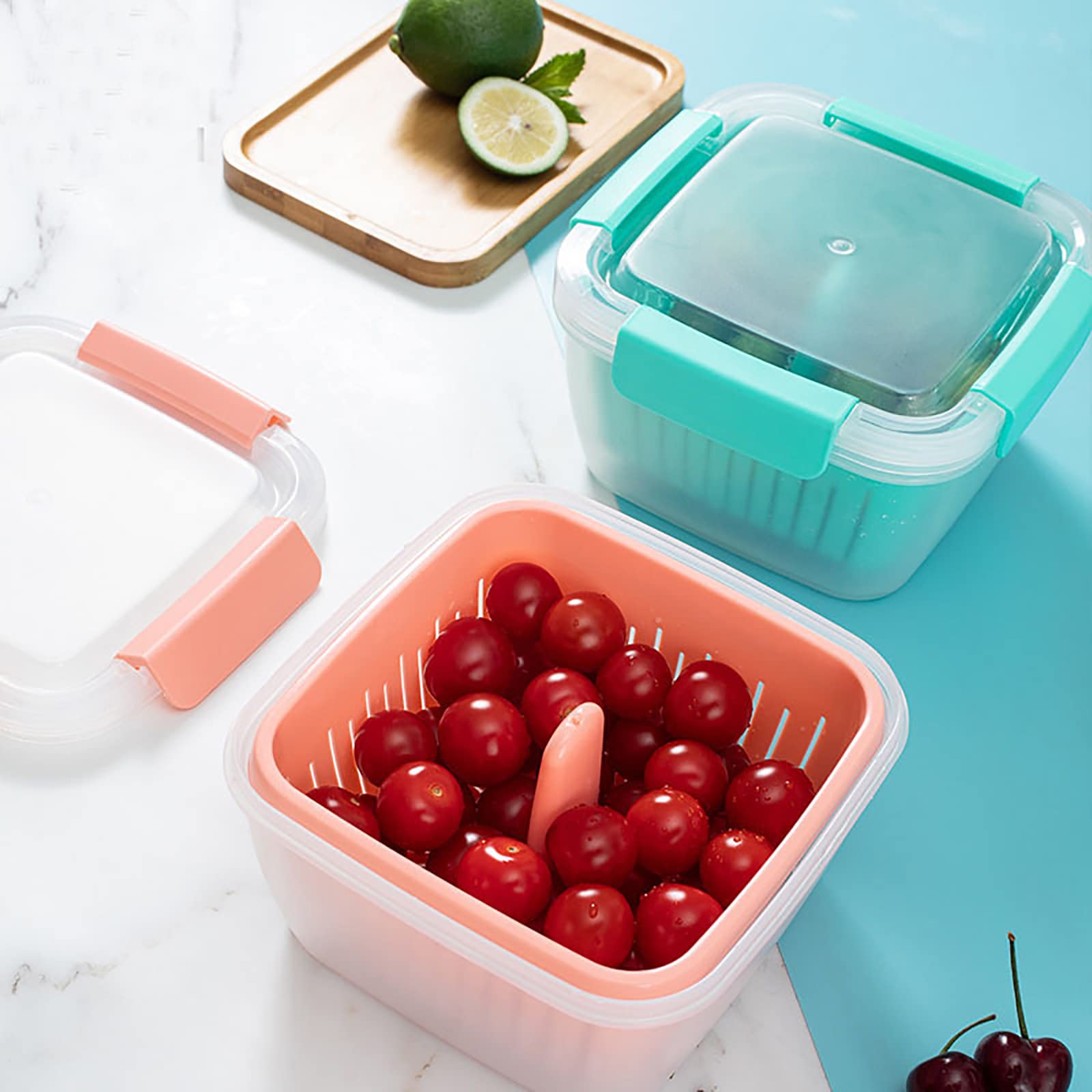 Frcctre 3 Pack 50oz Berry Keeper Box Container Fruit Storage Containers for Fridge, Produce Saver Food Storage Containers with Lid and and Removable Drain Basket (1.5L - Blue, Pink, Green)