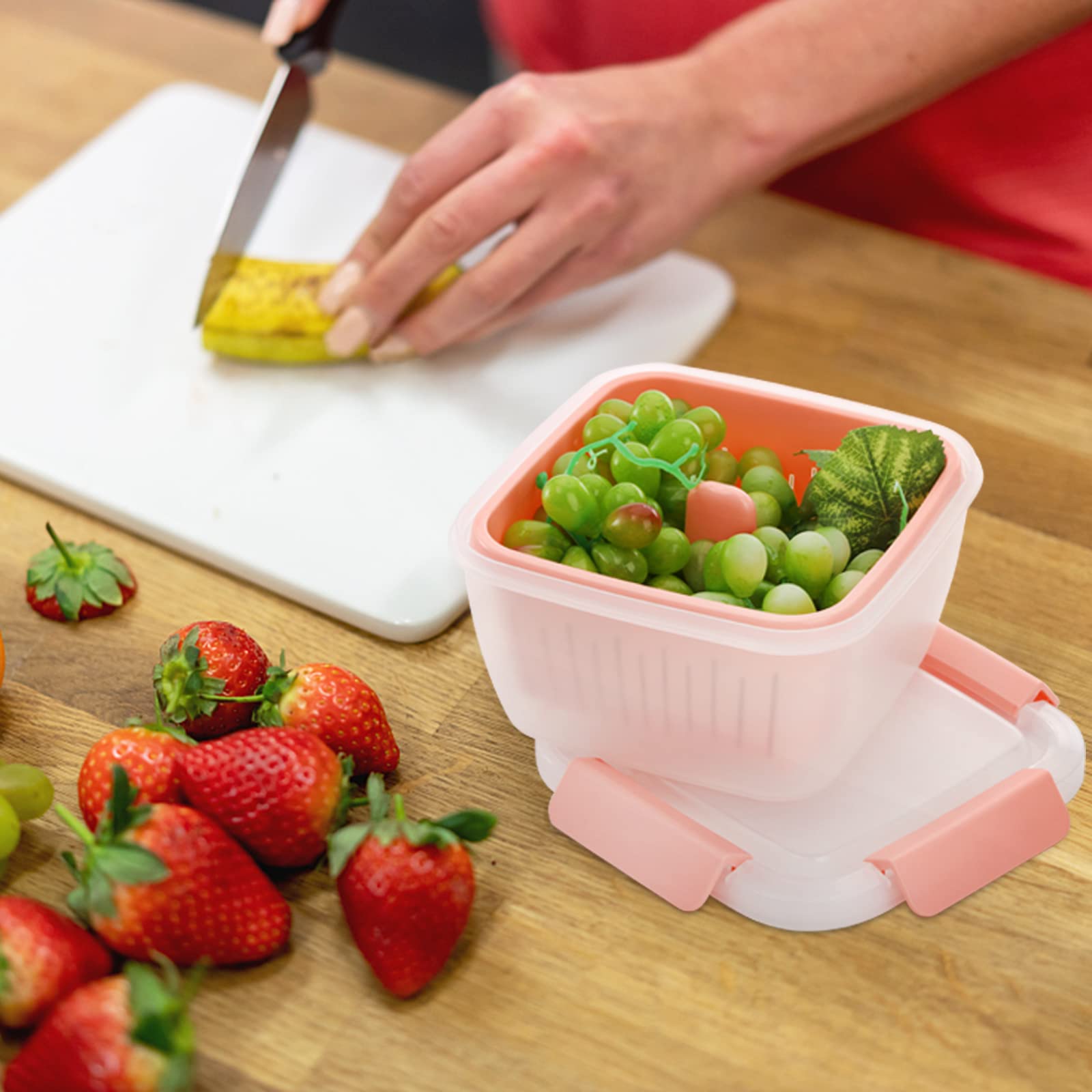 Frcctre 3 Pack 50oz Berry Keeper Box Container Fruit Storage Containers for Fridge, Produce Saver Food Storage Containers with Lid and and Removable Drain Basket (1.5L - Blue, Pink, Green)