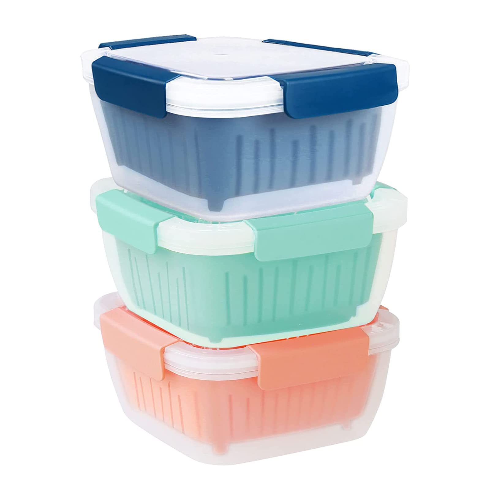 Frcctre 3 Pack 50oz Berry Keeper Box Container Fruit Storage Containers for Fridge, Produce Saver Food Storage Containers with Lid and and Removable Drain Basket (1.5L - Blue, Pink, Green)