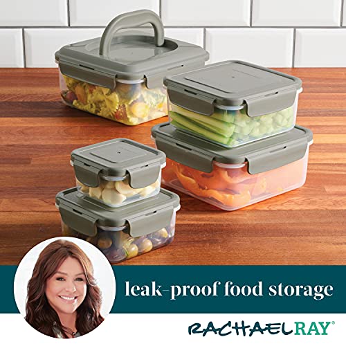 Rachael Ray Leak-Proof Nestable Container Food Storage Bin Set, 10-Piece Square, Gray Lid