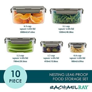 Rachael Ray Leak-Proof Nestable Container Food Storage Bin Set, 10-Piece Square, Gray Lid