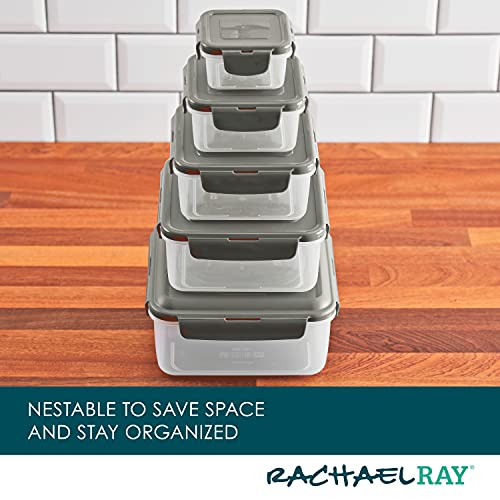 Rachael Ray Leak-Proof Nestable Container Food Storage Bin Set, 10-Piece Square, Gray Lid