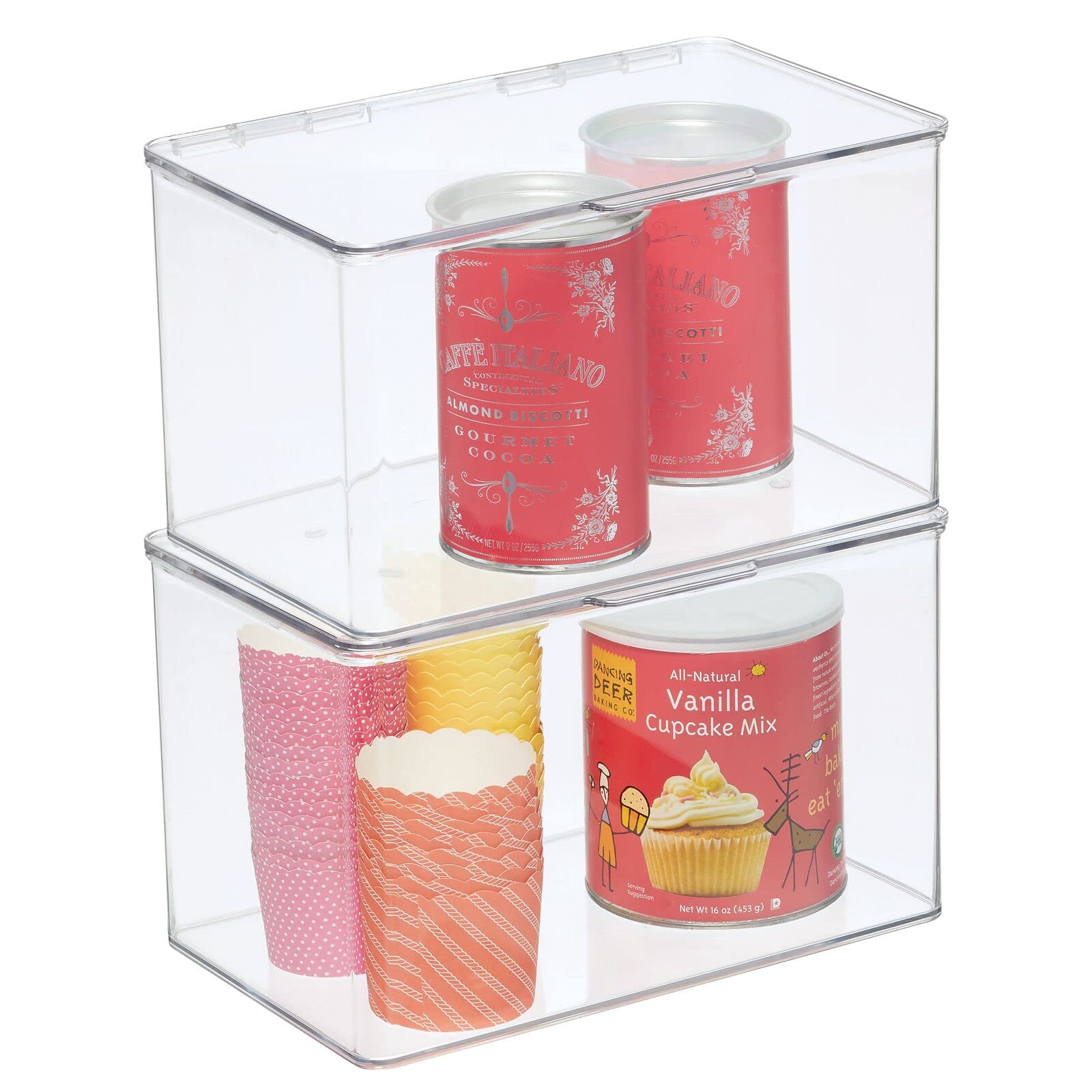 mDesign Plastic Kitchen Pantry and Fridge Storage Organizer Box Containers with Hinged Lid for Shelves or Cabinets, Holds Food, Snacks, Canned Drinks, Seasoning, Lumiere Collection, 2 Pack, Clear