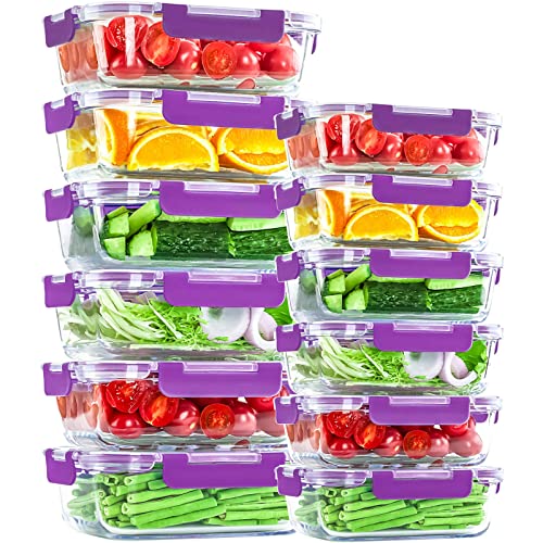 C CREST Glass Food Storage Containers with Airtight Lids 24 Pieces [12 containers with lids] Microwave/Oven/Freezer & Dishwasher Safe