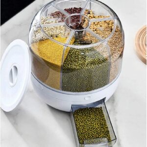 WJSP Cereal Dispenser Rice Bucket Dispenser 6 Grid 360° Rotating Rice Container Automatic Waterproof and Moisture-Proof Rice Storage Box for Kitchen, White