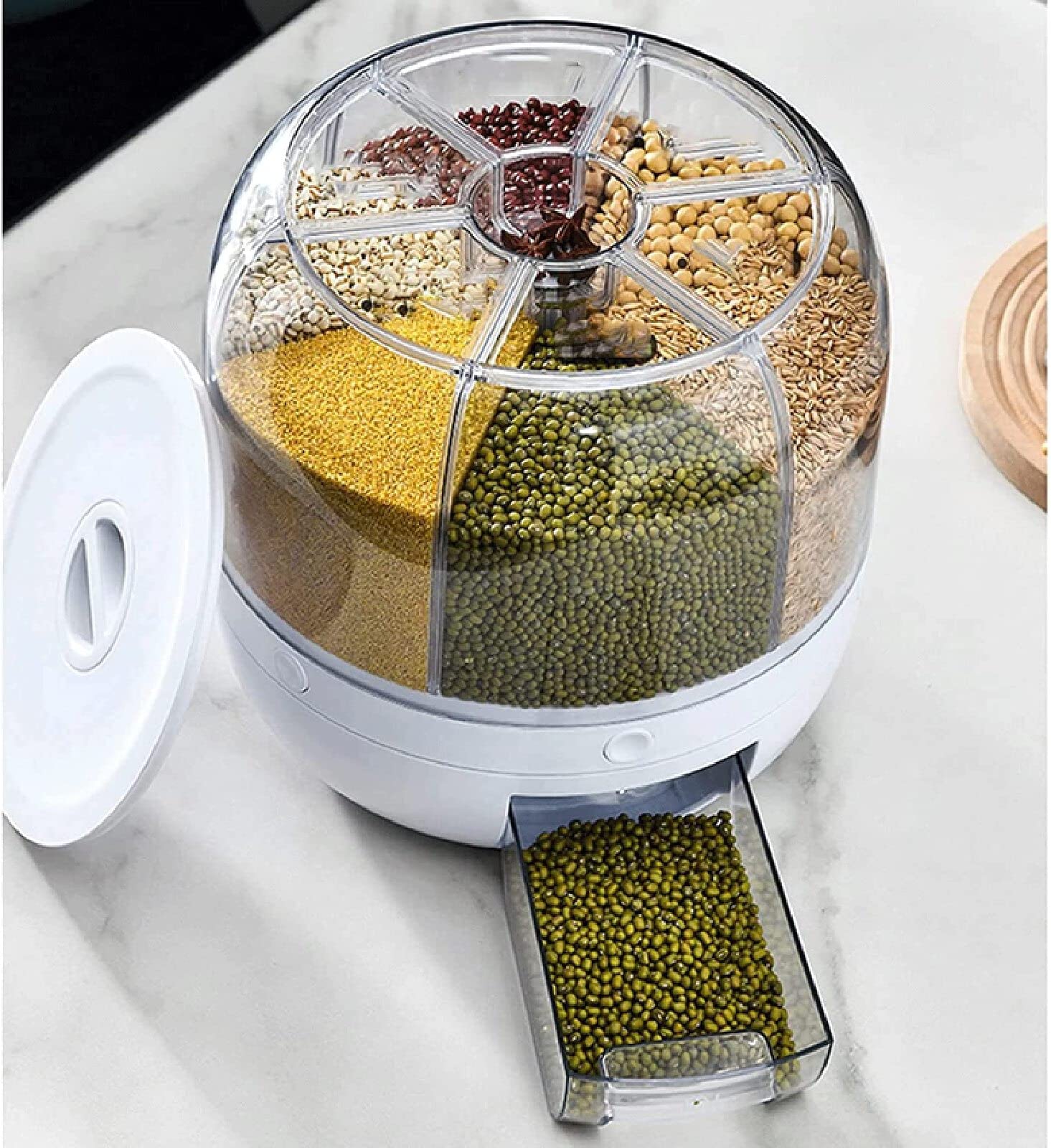 WJSP Cereal Dispenser Rice Bucket Dispenser 6 Grid 360° Rotating Rice Container Automatic Waterproof and Moisture-Proof Rice Storage Box for Kitchen, White