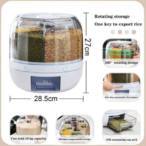 WJSP Cereal Dispenser Rice Bucket Dispenser 6 Grid 360° Rotating Rice Container Automatic Waterproof and Moisture-Proof Rice Storage Box for Kitchen, White