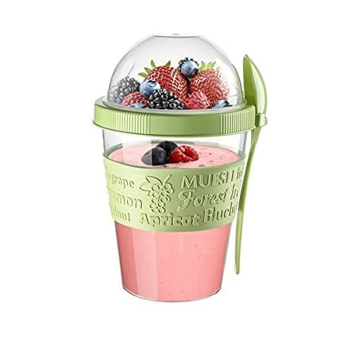 GanoOne Breakfast On the Go Cups, Take and Go Yogurt Cup with Topping Cereal or Oatmeal Container, Portable Lux Yogurt Cereal To-Go Container with Top Lid Granola & Fruit Compartment (Green)