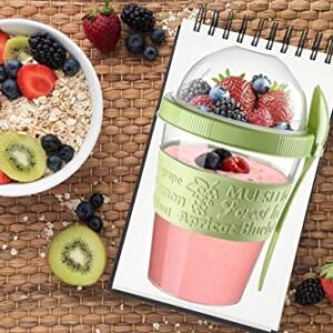 GanoOne Breakfast On the Go Cups, Take and Go Yogurt Cup with Topping Cereal or Oatmeal Container, Portable Lux Yogurt Cereal To-Go Container with Top Lid Granola & Fruit Compartment (Green)