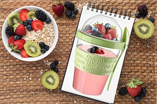 GanoOne Breakfast On the Go Cups, Take and Go Yogurt Cup with Topping Cereal or Oatmeal Container, Portable Lux Yogurt Cereal To-Go Container with Top Lid Granola & Fruit Compartment (Green)