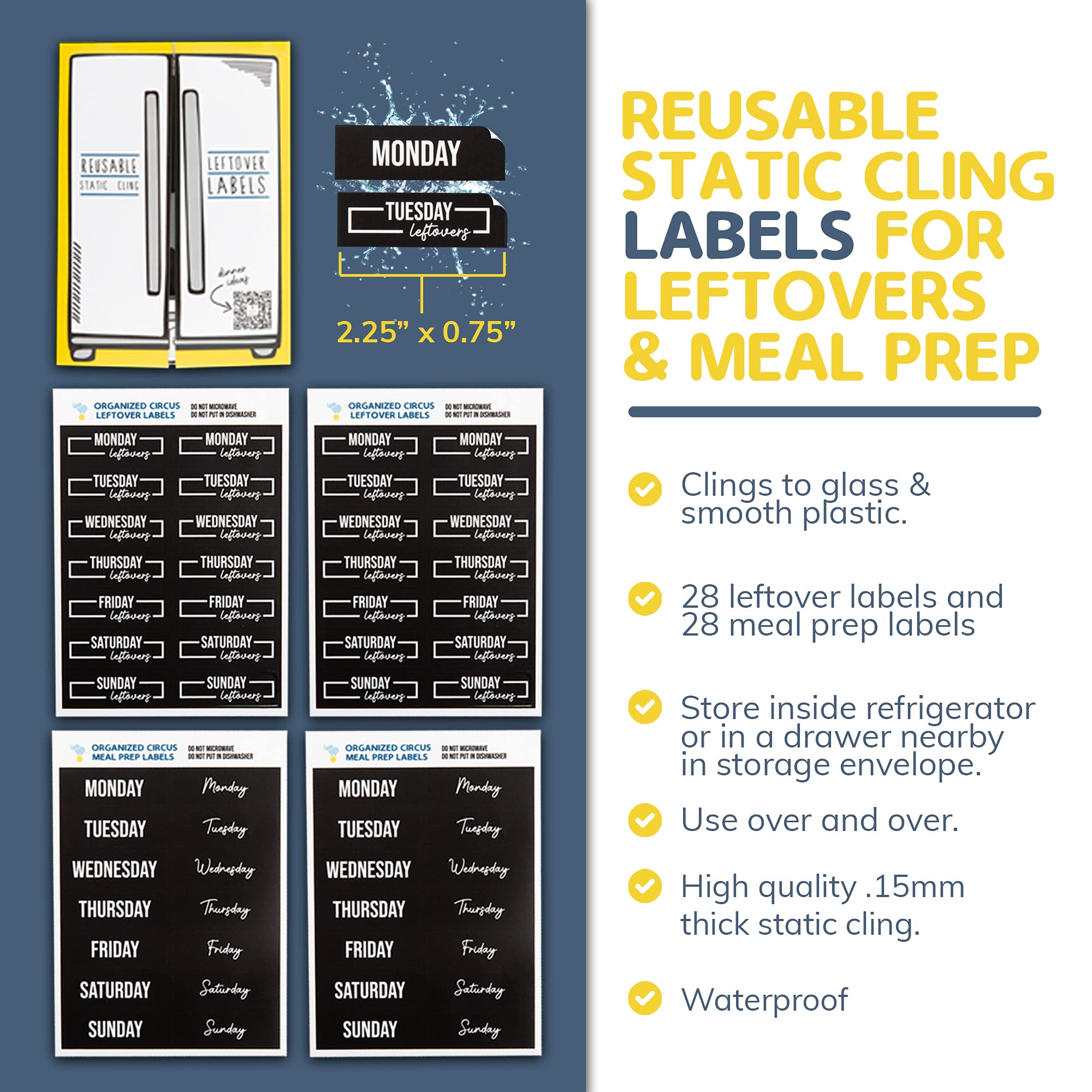 Reusable Food Labels for Food Containers -56 Static Cling Food Label Stickers for Refridgerator/Freezer Organization Fridge Storage Kitchen Accessories Gadgets for Meal Prep Containers (B&W)