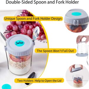 P&Y Overnight Oats Containers with Lids, 12 Oz Glass with Spoons and Forks, Oatmeal Container with Letter Silicone Label for Yogurt Fruit Vegetable Salad(Gray J with Forks 2Pack)