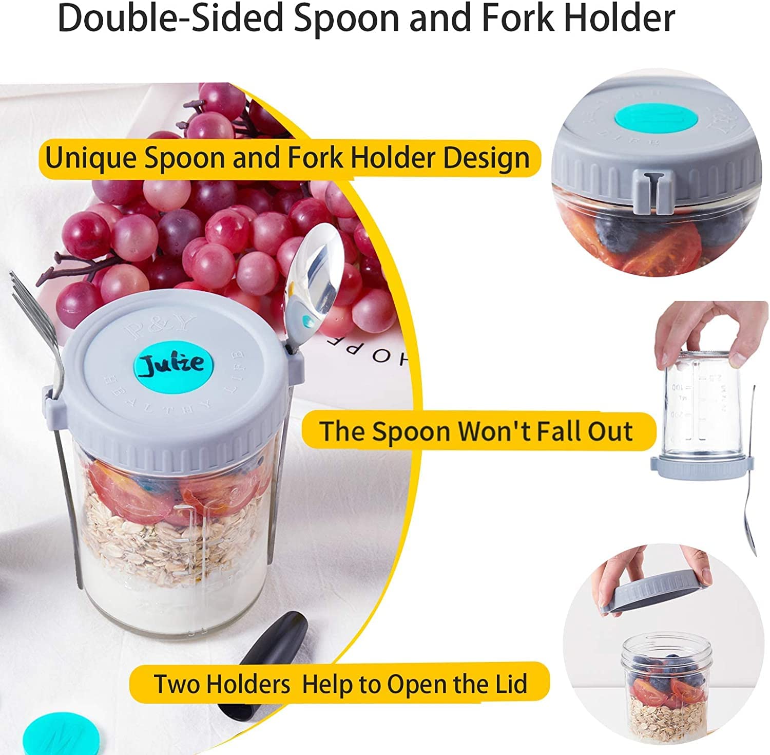 P&Y Overnight Oats Containers with Lids, 12 Oz Glass with Spoons and Forks, Oatmeal Container with Letter Silicone Label for Yogurt Fruit Vegetable Salad(Gray J with Forks 2Pack)