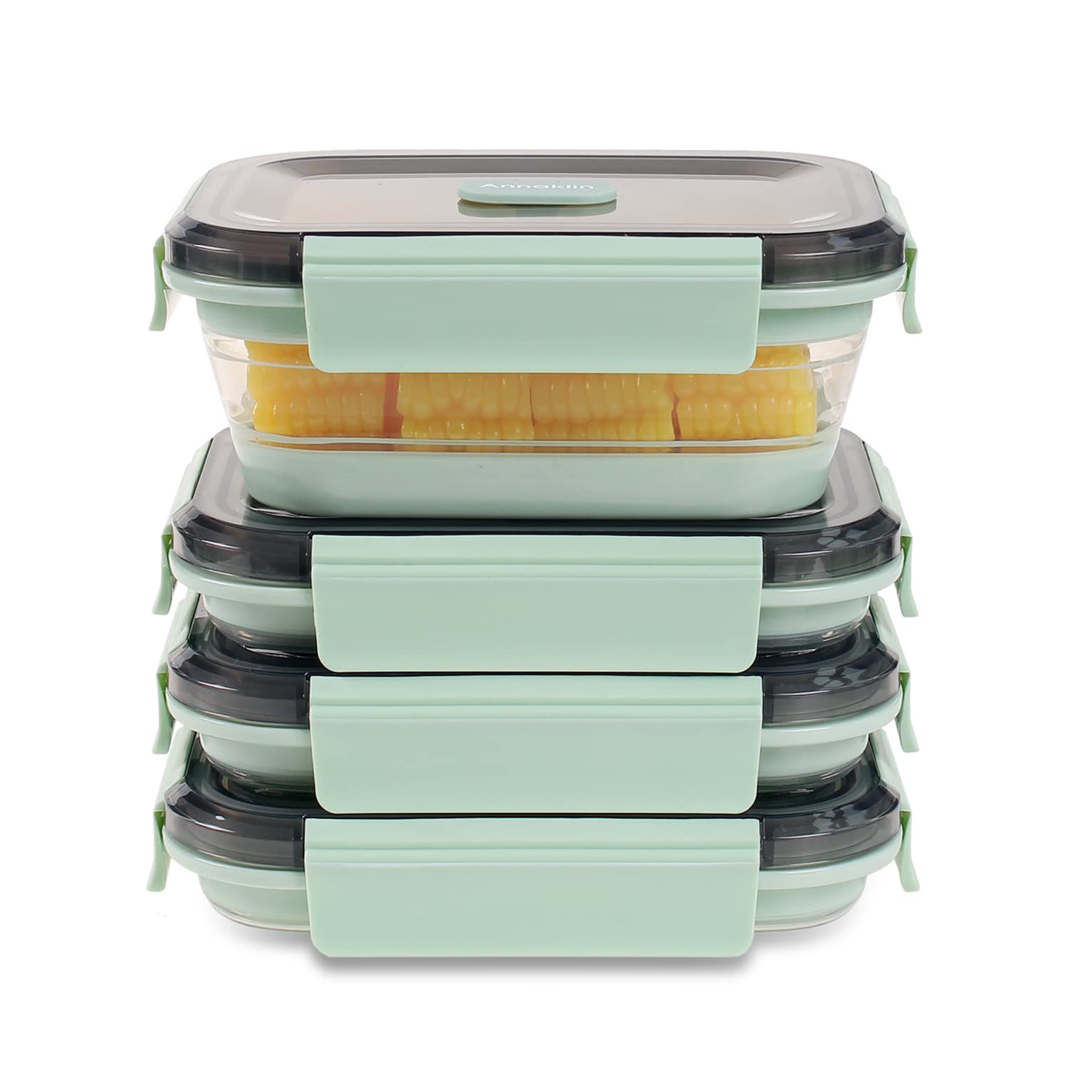 Annaklin Collapsible Food Storage Containers with Lid & Air Vent, Clear Stacking Silicone Collapsible Food Container Set, Microwave Freezer Dishwasher Safe Space-Saver, Set of 4, Mint Green